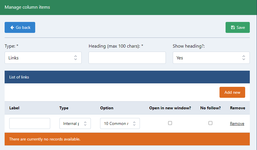 Creating & Managing Column Items: Links